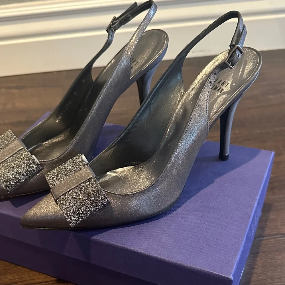 Stuart Weitzman | Shoes | Stuart Weitzman Silver Bow Slingback Heels ...